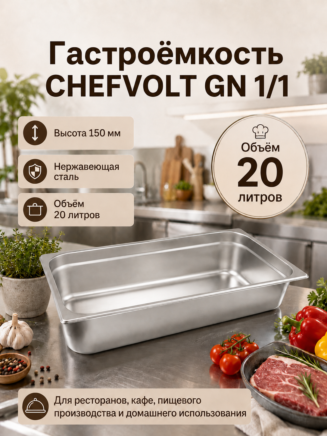 Гастроемкость GN 1/1-150 мм нержавеющая сталь CHEFVOLT