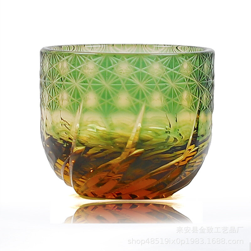 Ручная гравировка, Эдо-резной кристаллический бокал для виски в янтарно-зеленом с узором «Волны и хризантемы»