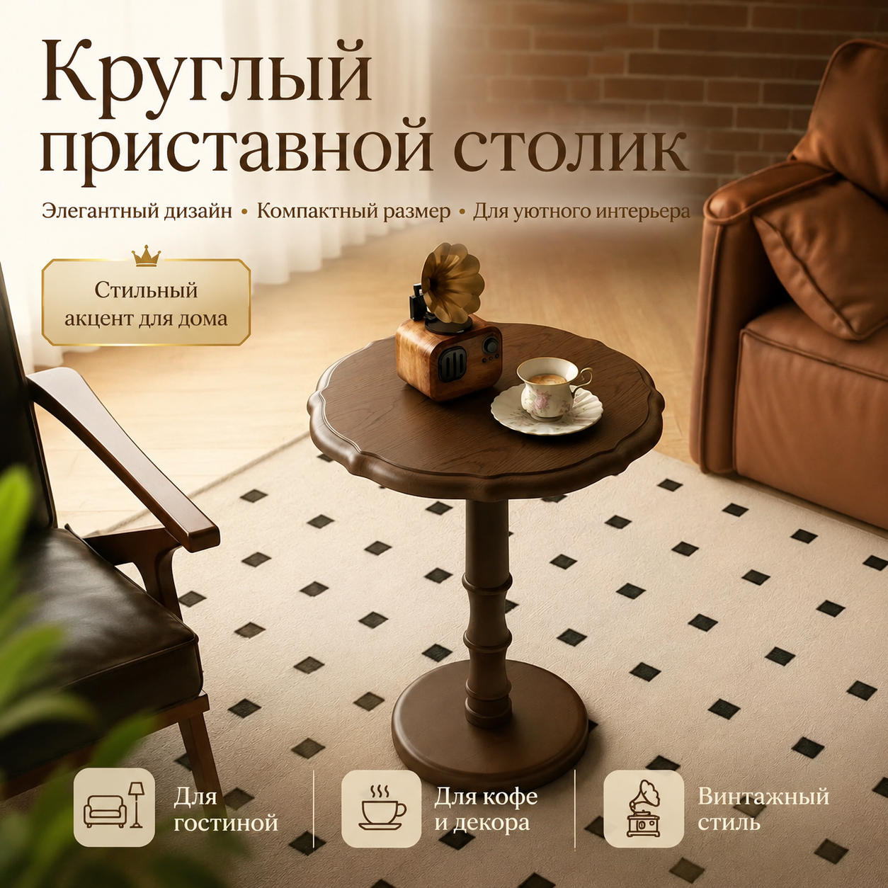 Журнальный столик, массив дерева, круглый, коричневый, 40х30х60см.
