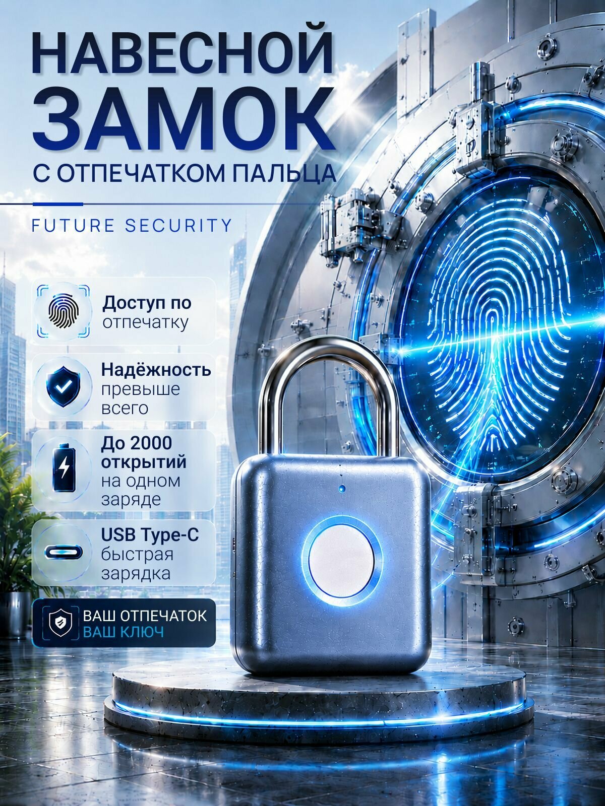 Умный навесной замок Lock P5 с отпечатком пальца