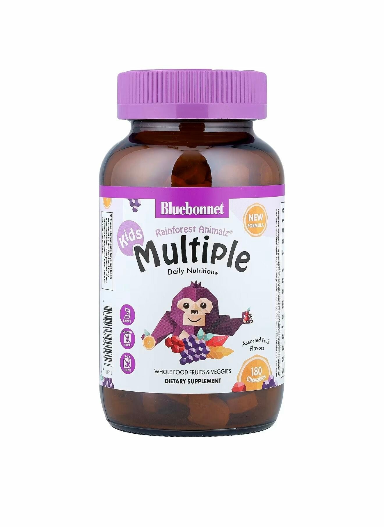 Мультивитамины детские пищевая добавка Bluebonnet Nutrition, Rainforest Animalz, вкус винограда, 180 жевательных таблеток
