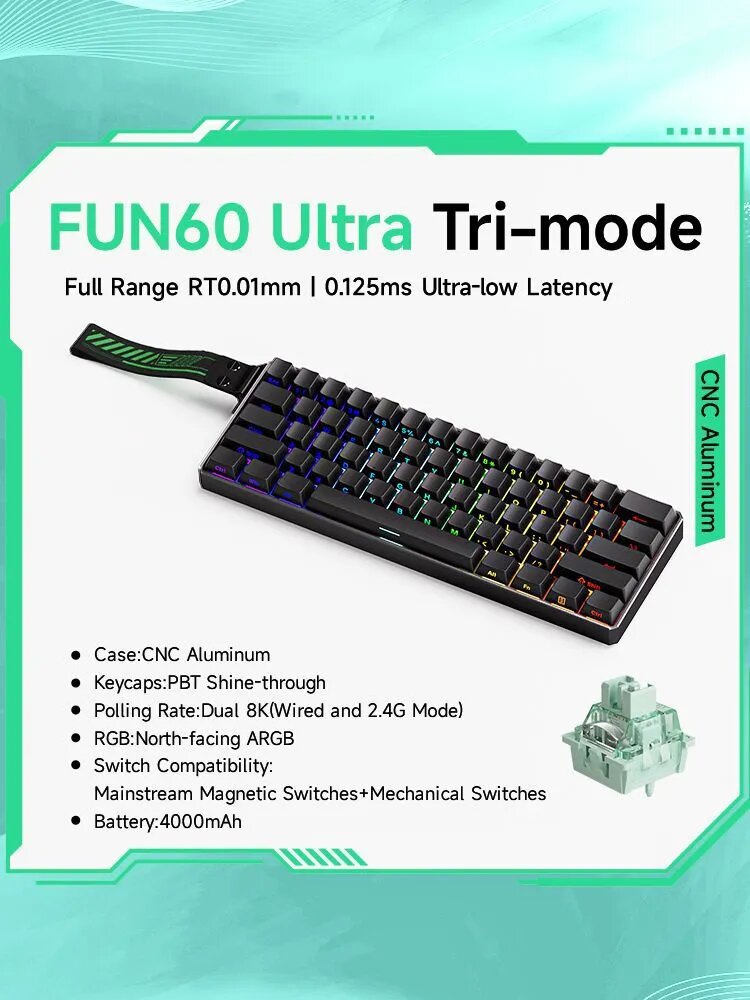 AKKO Игровая клавиатура беспроводная AKKO MonsGeek FUN60 Ultra двойная 8K SP черная подсветка клавиш трехрежимная магнитная клавиатура RGB 61 клавиша US чисто магнитные переключатели, (Akko Glare Magnetic), Английская раскладка, шоколадный