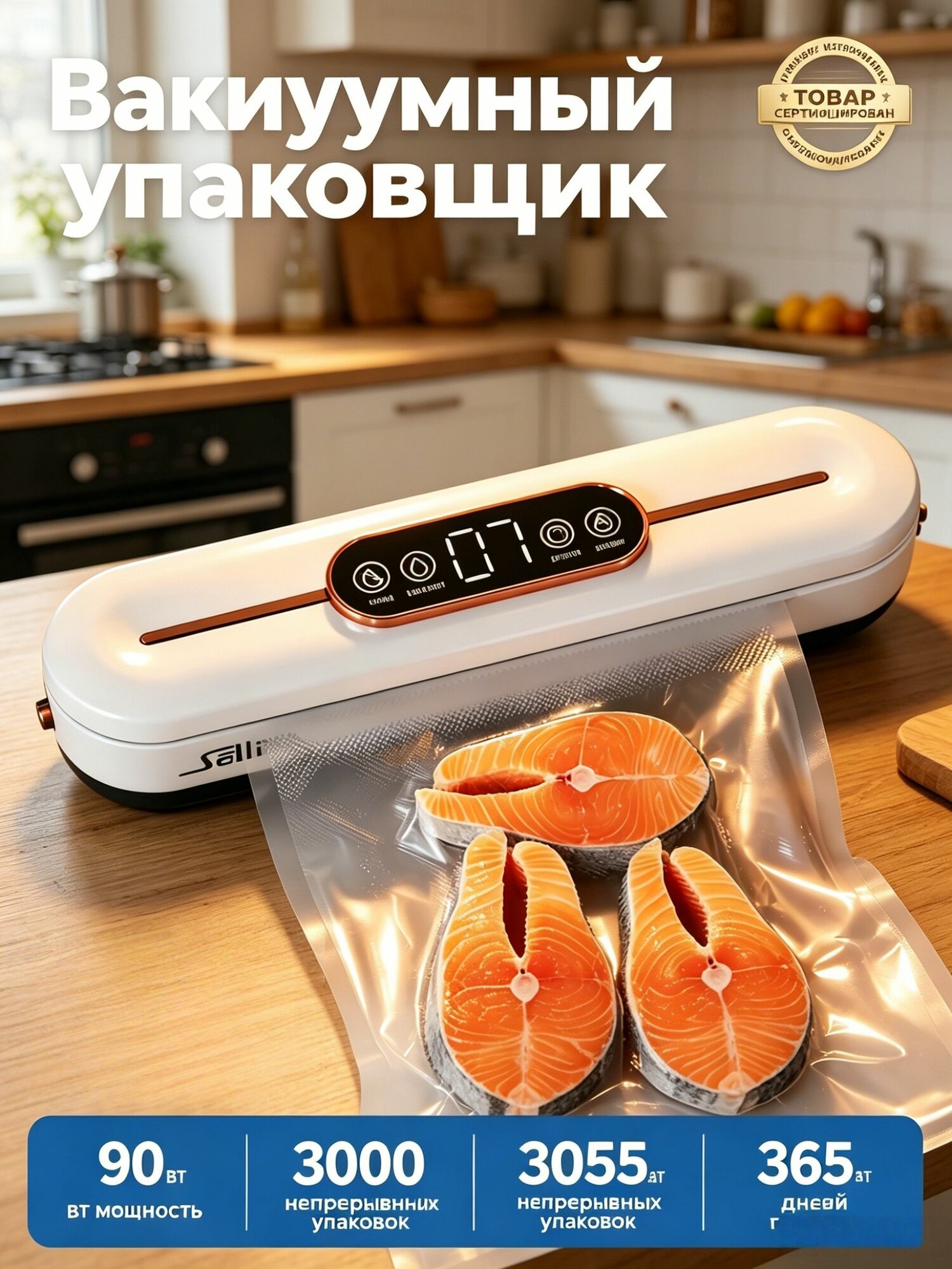Вакуумный упаковщик бытовой для продуктов, 90 Вт, 3 режима, 365 дней гарантия