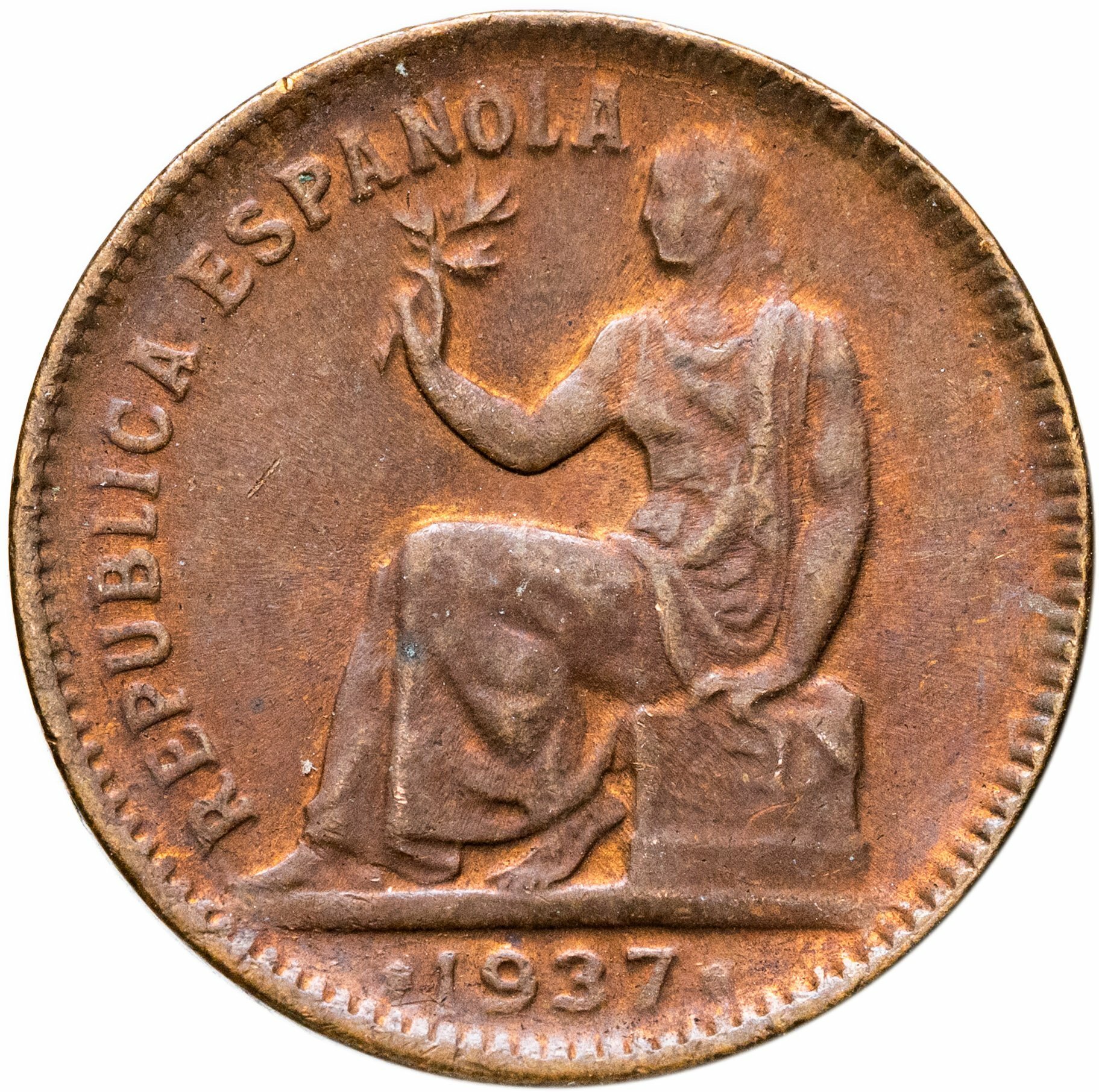 Испания 50 сентимо centimos 1937, Медь, в сохранности VF-XF