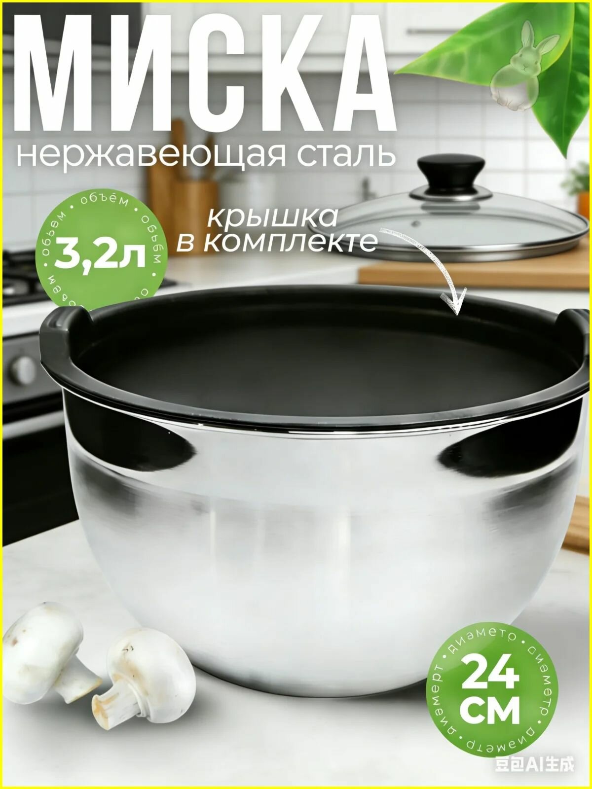 Миска 3200 мл серый металлик, 1 шт
