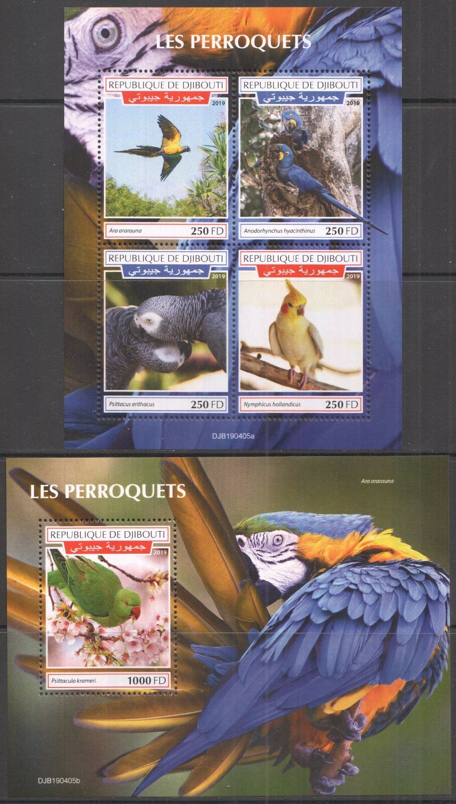Марки 2019 год Джибути Попугаи Птицы Фауна #3061-3064+Bl1334 Mnh