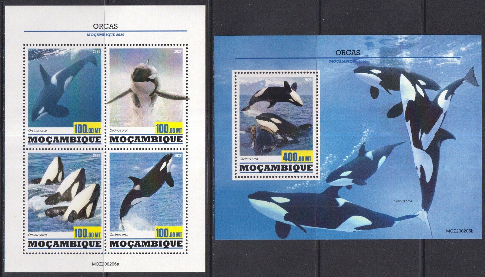 Марки 2020 год Мозамбик Касатки Кит-убийца Фауна #10900-10903+Bl1615 Mnh