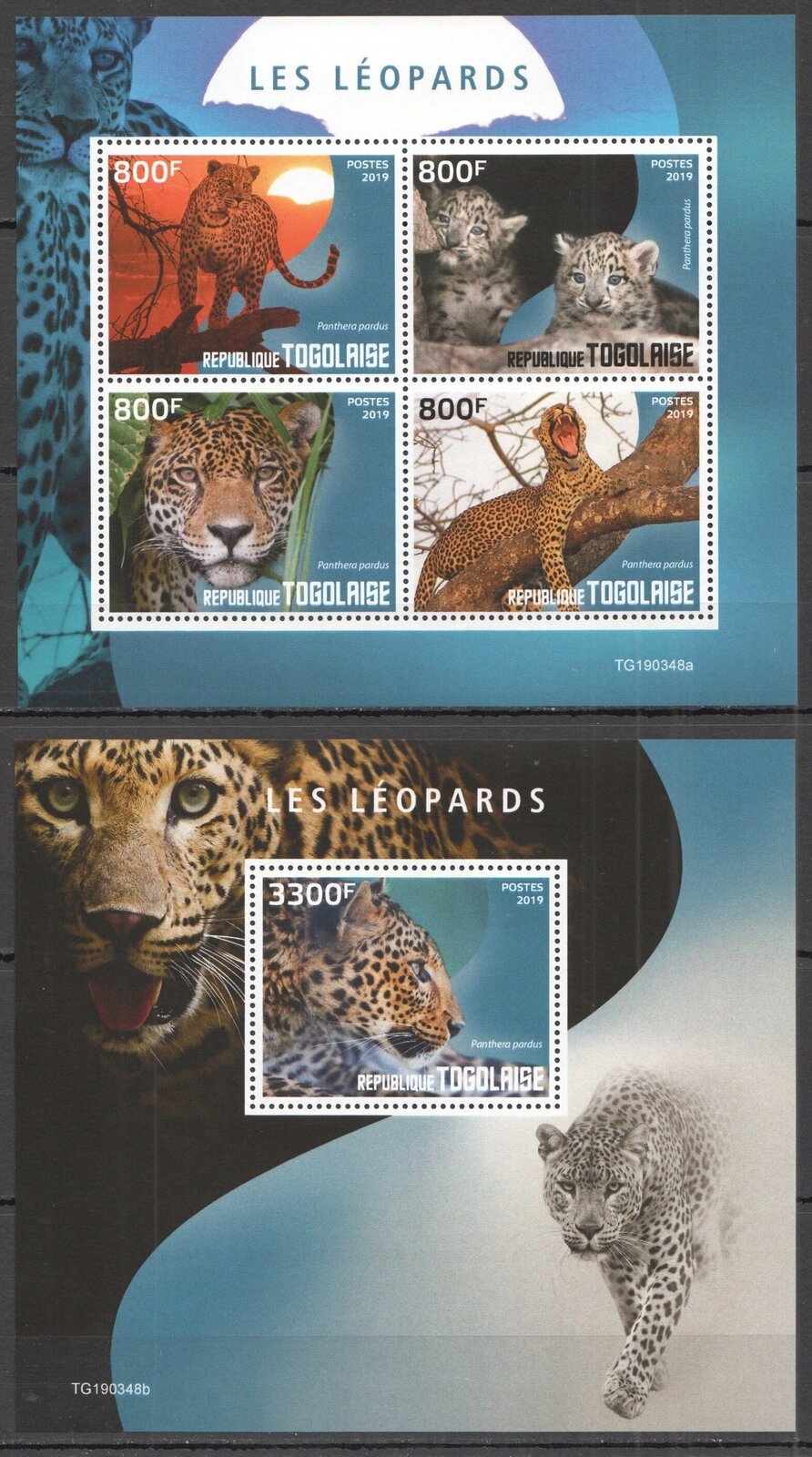 Марки 2019 год Того Леопарды Дикие кошки Животные Фауна #7215-7218+Bl1657 Mnh