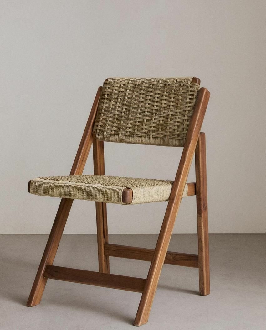 Складной стул ZARA HOME 7381/073/052 - из тикового дерева, с плетеным сидением и спинкой, 80 x 46 x 51 см, цвет светло-бежевый