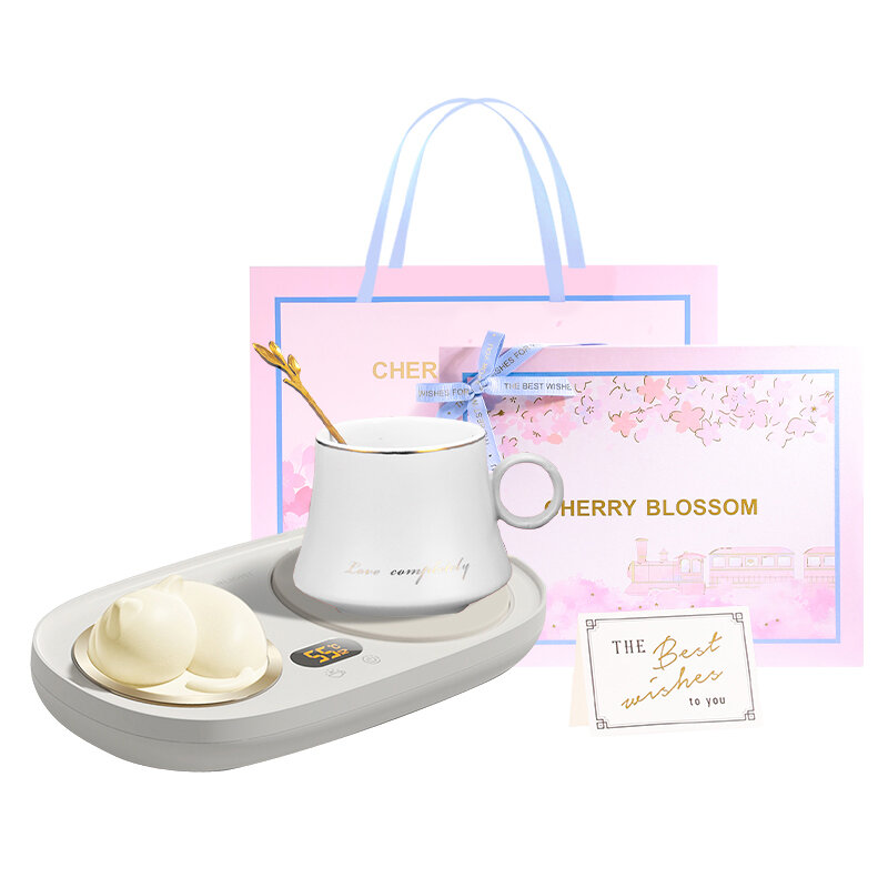 Электрические чашки CHIELYUAL, cat warm coaster white, с керамической чашкой и подарочной коробкой с