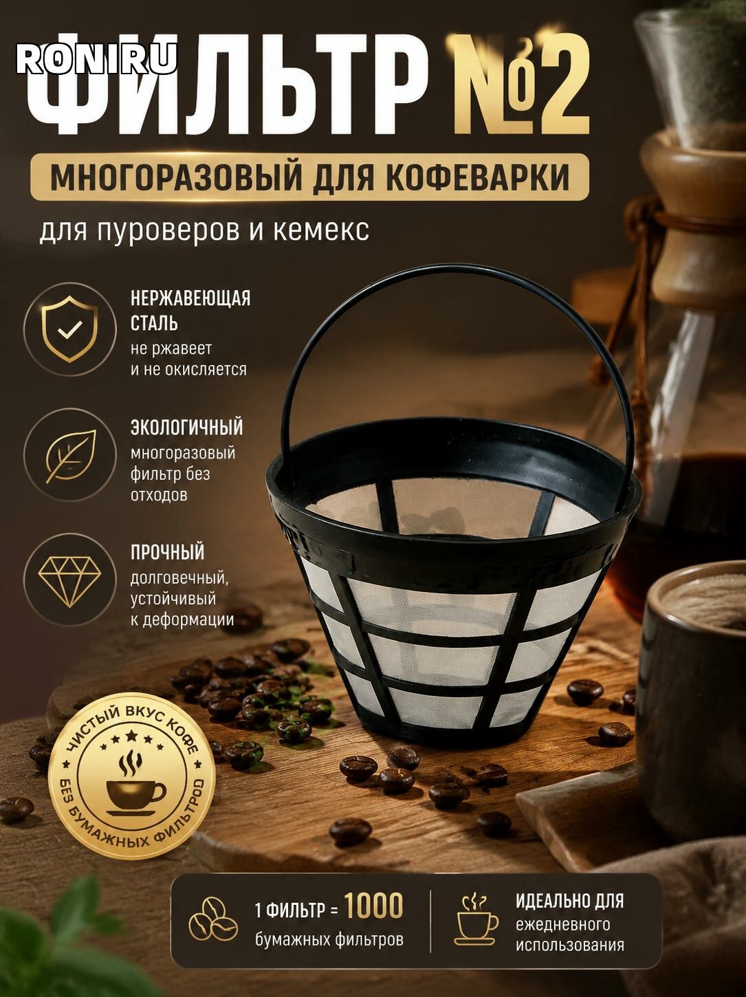 Многоразовый фильтр для капельной кофеварки №2 из нержавеющей стали — универсальный для пуроверов и кемекс, прочный