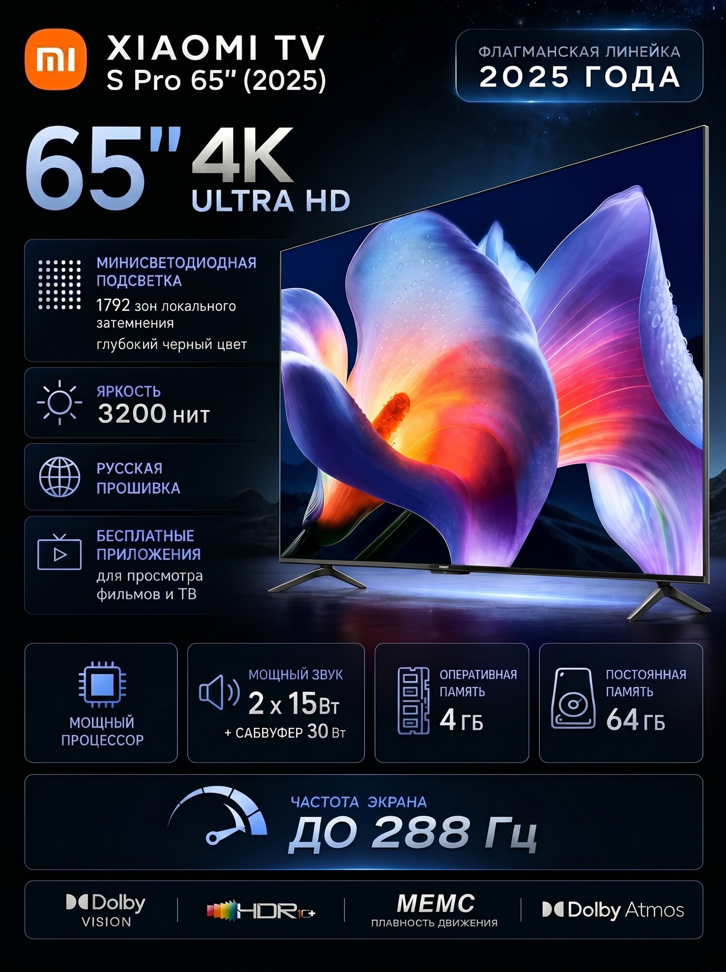 Телевизор Xiaomi 65" TV S Pro Mini LED 65 (2025), 4K 288Hz, 4/64 ГБ, русификация
