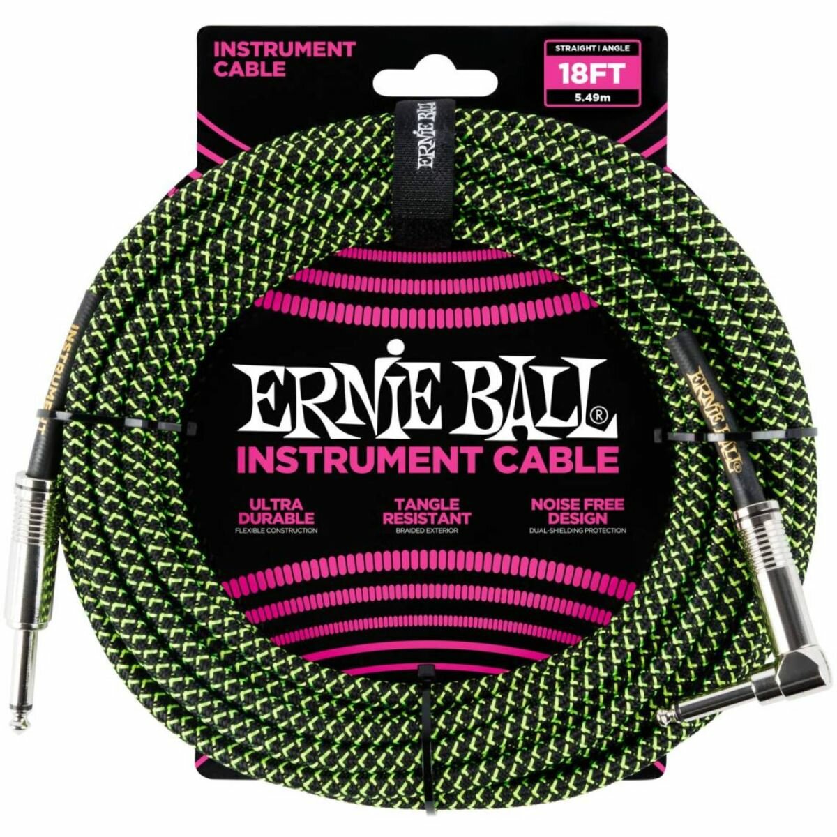 ERNIE BALL 6082 - инструментальный кабель в тканевой оплетке с прямым и угловым джеками, длина 5,49м