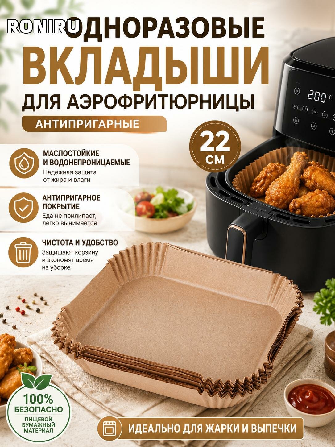 Одноразовые антипригарные вкладыши для аэрофритюрницы 22 см — маслостойкие и водонепроницаемые для жарки и выпечки