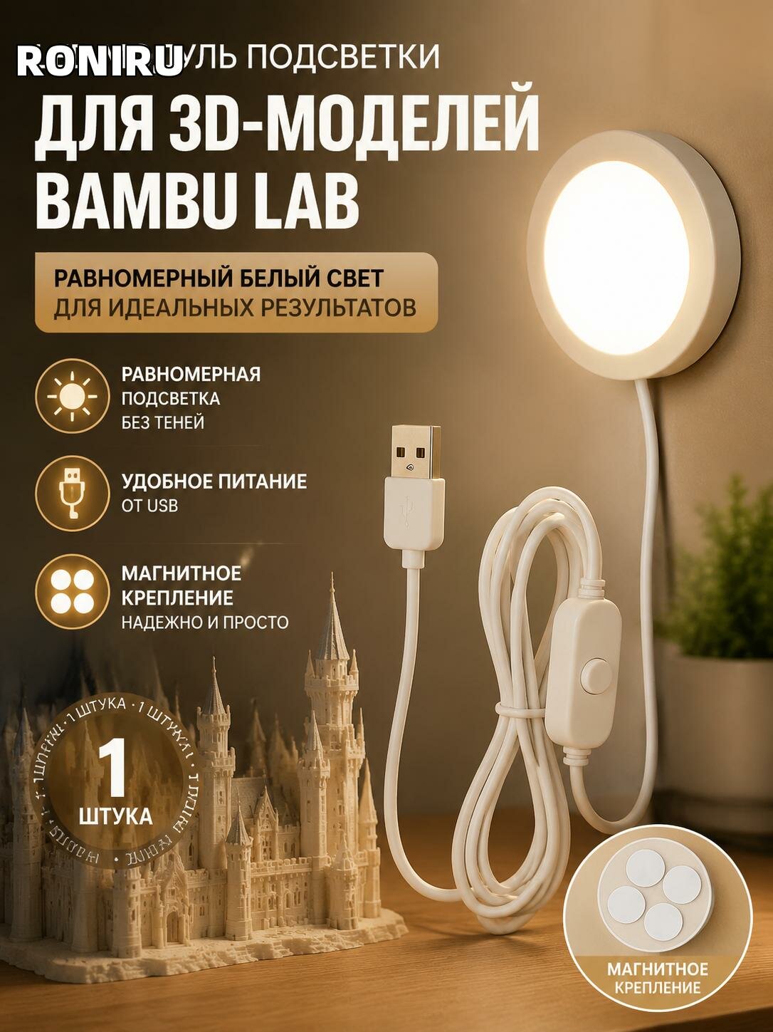 LED модуль подсветки для 3D-моделей Bambu Lab - равномерная белая подсветка готовых напечатанных моделей, USB!
