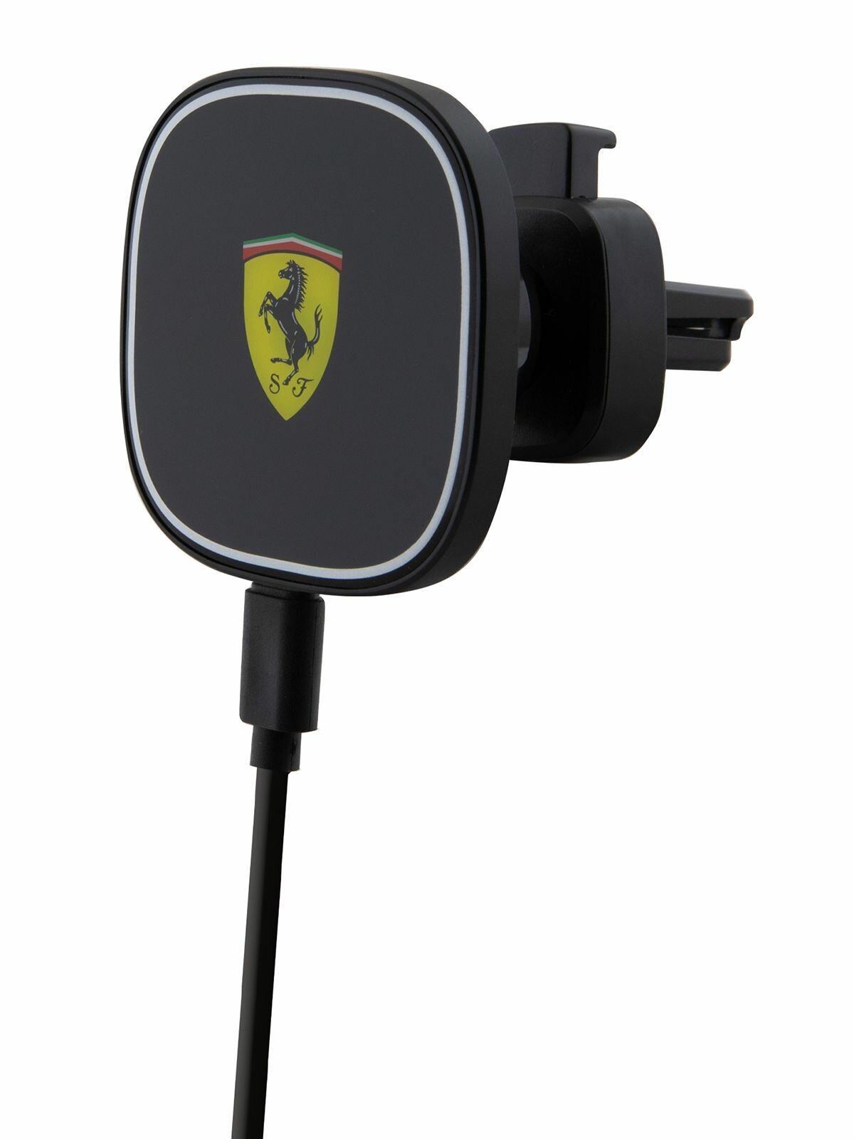 Беспроводное автомобильное зарядное устройство Ferrari MagSafe Wireless Car 15W крепится на решётку воздуховода, в комплекте кабель USB-A - USB-C 100 см, черное