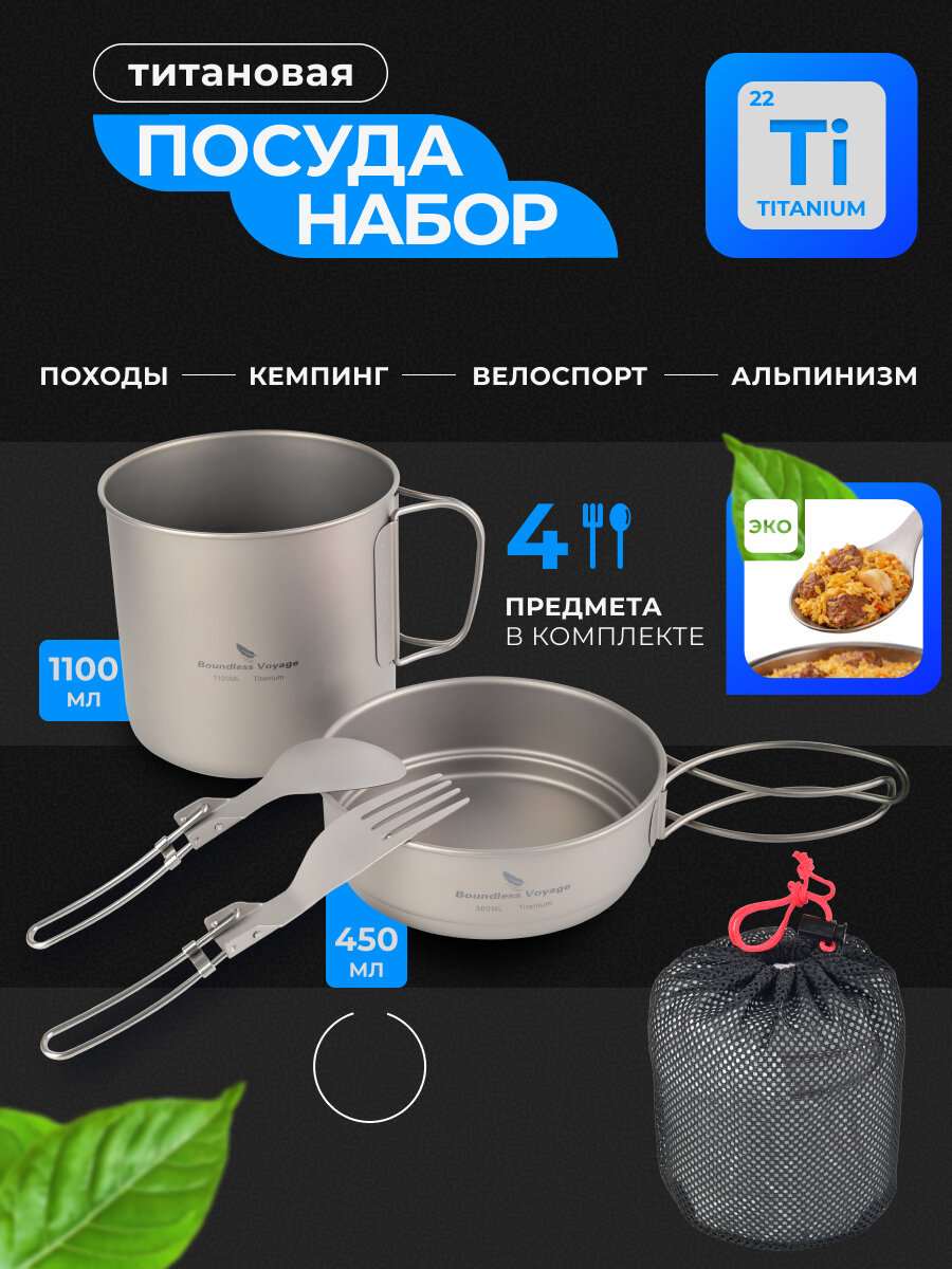Походный набор туристической титановой посуды 4 предмета Ti2055CD