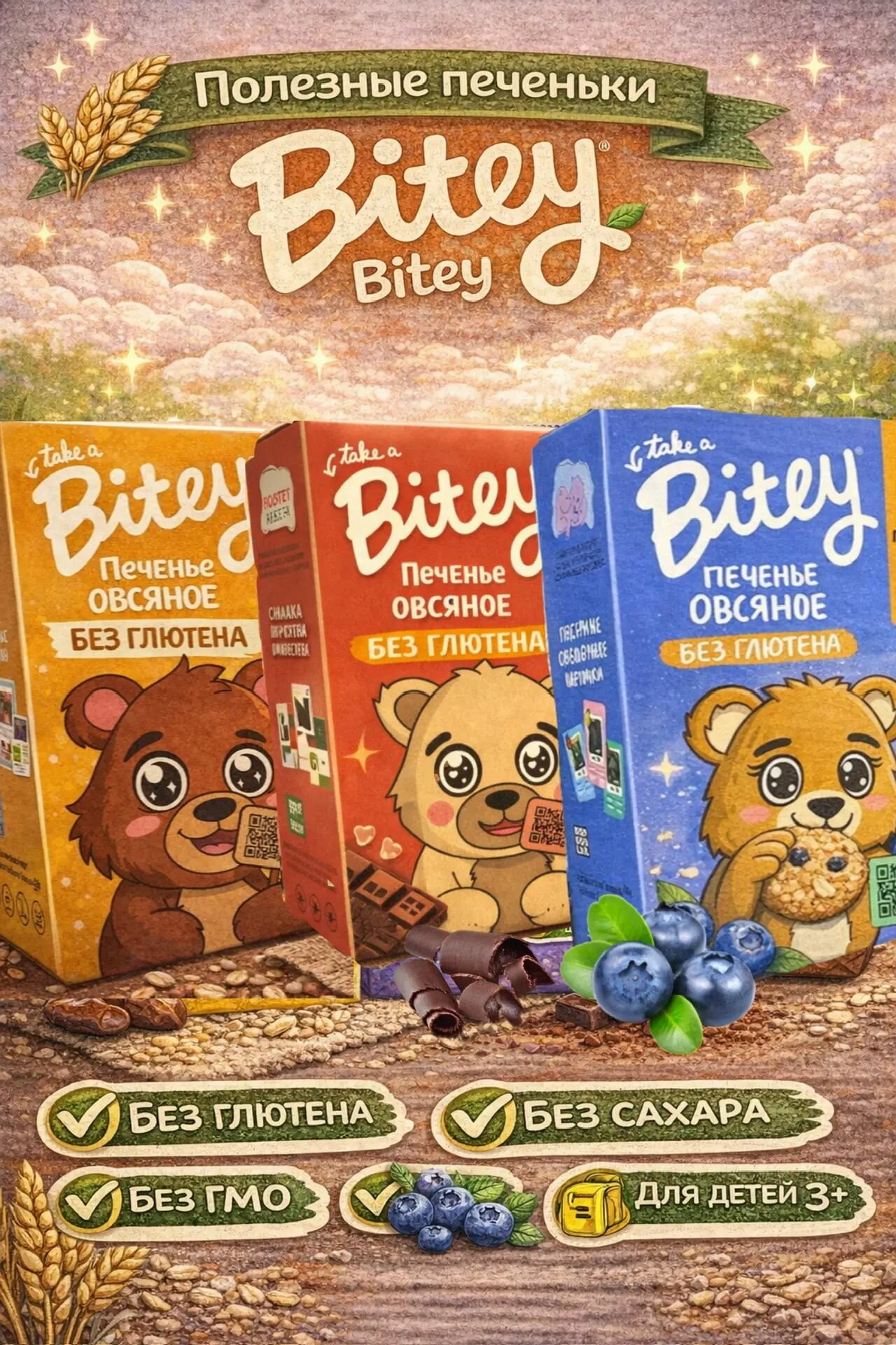 Печенье овсяное без сахара Take a Bitey Мишки, ассорти 3 вкуса, без глютена,3шт по 60 г.