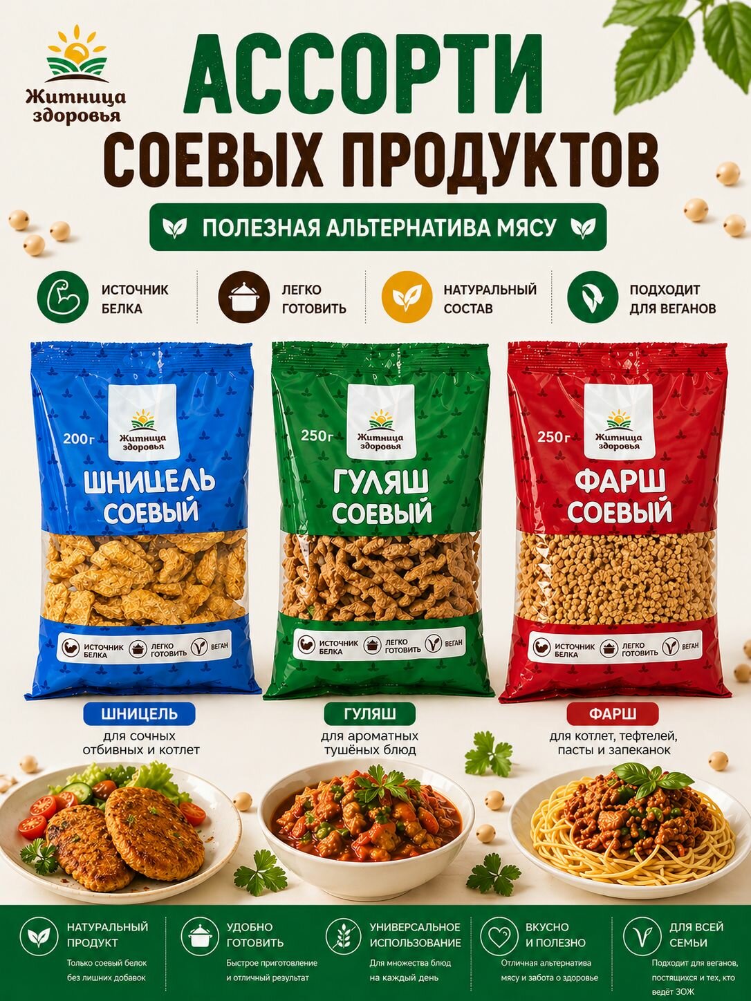 Набор Соевого мяса ( Фарш, Шницель, Гуляш) 3 упаковки. Житница Здоровья.