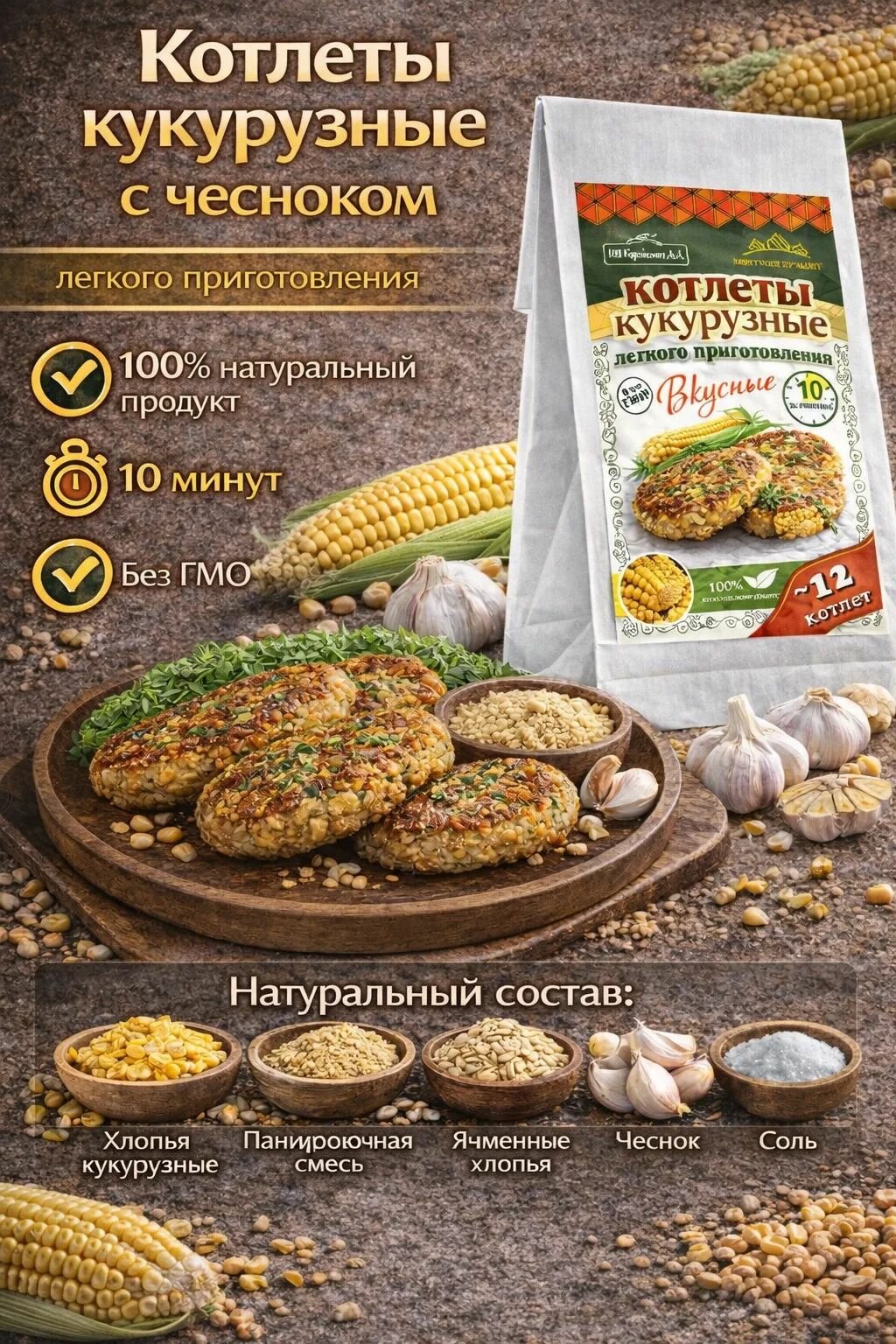 Котлеты из белой кукурузы с чесноком и специями 4 шт по 230гр. Вкусное Дело.