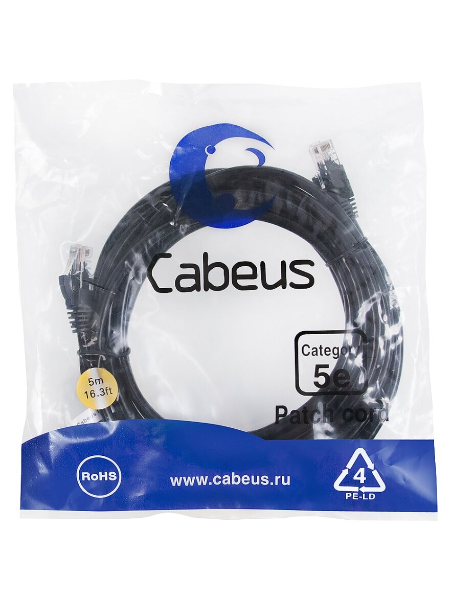 Патч-корд Cabeus U/UTP PC-UTP-RJ45-Cat.5e-5m-BK-LSZH категория 5е, 2xRJ45/8p8c, неэкранированный, черный, LSZH, 5м