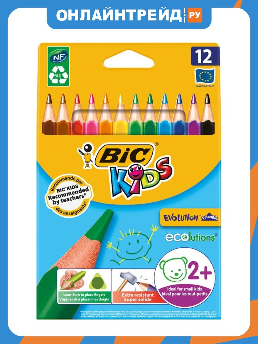 Карандаши цветные Bic "Evolution Triangle" пластиковые, 12 цветов, утолщенные, трехгранные, заточенные