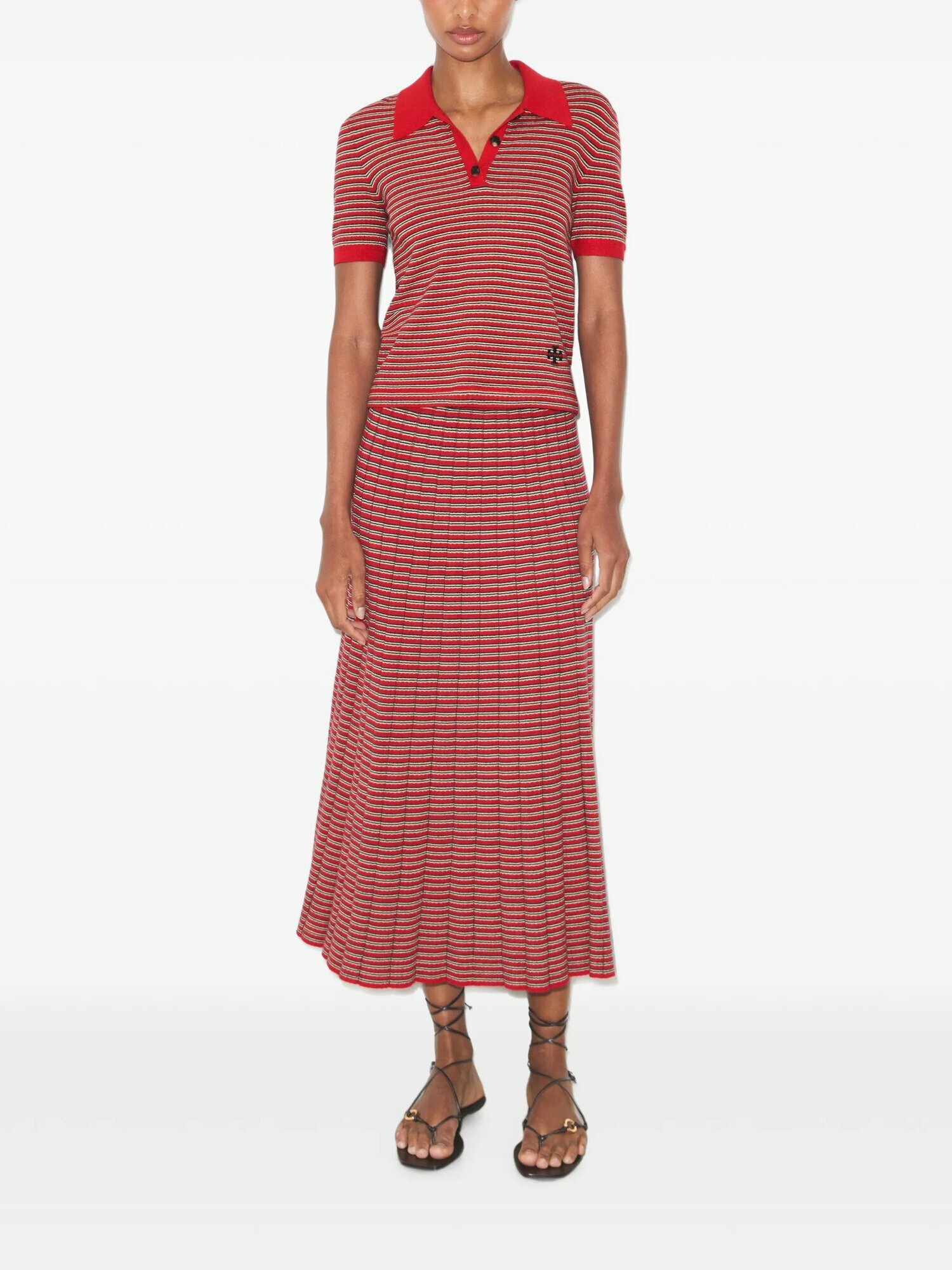Топ Tory Burch Striped viscose polo, размер XS, Rouge Red — фото 1