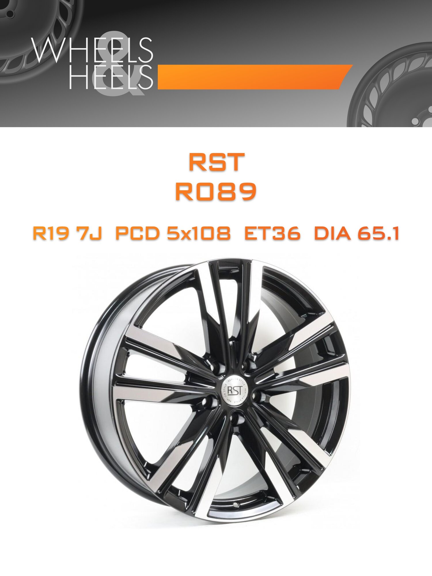 Диск автомобильный литой RST R089 19x7 5x108 et36 dia65.1 Чёрный с полированной лицевой частью