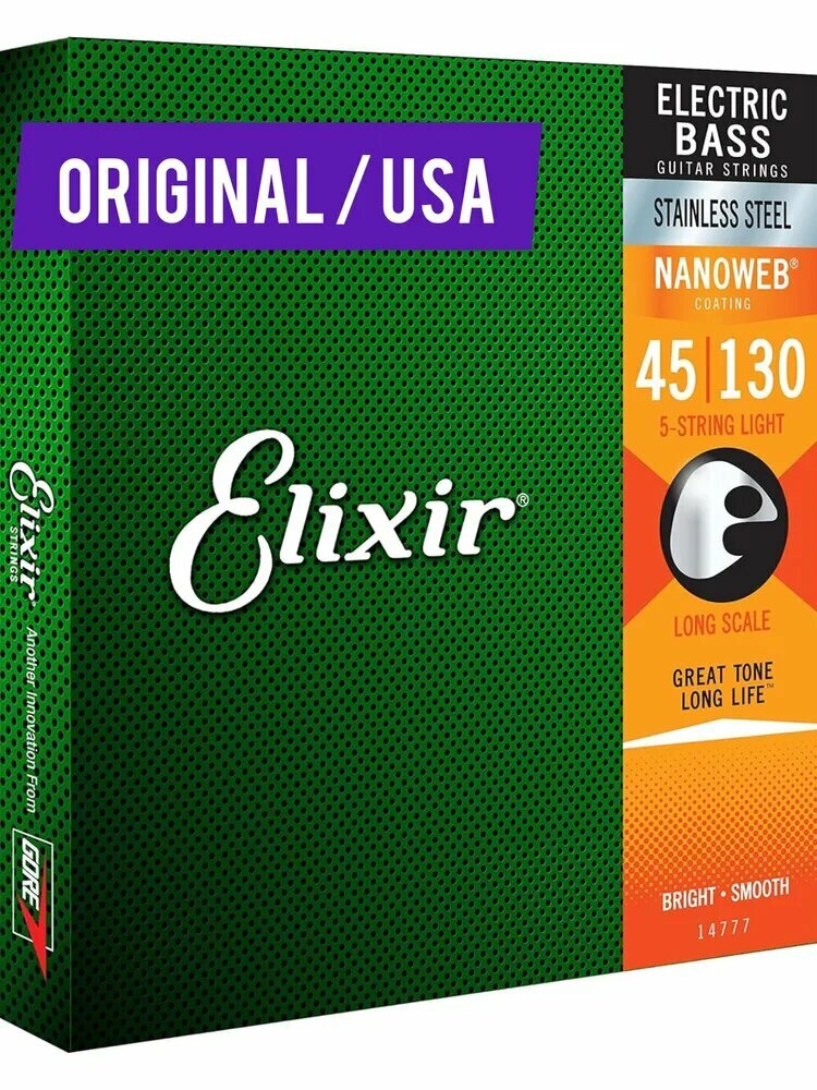 Elixir 14777 Original/USA Electric Bass Guitar Strings NANOWEB Coating, 5-String Light, Long Scale, 45-130
