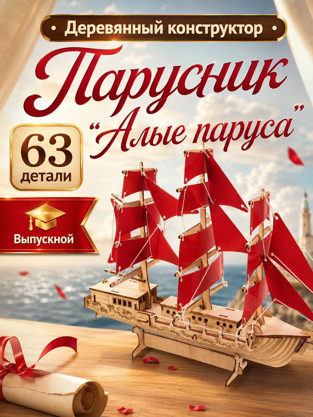 Деревянный конструктор Парусник Алые паруса, сборная модель, Чудо-дерево