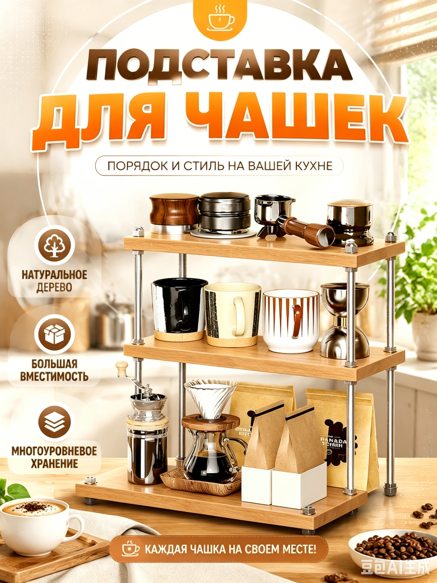 Полка под кофе многоярусная из натурального дерева цвета вишни, органайзер для хранения кружек, аксессуаров для приготовления кофе на кухонной столешнице,30, дерево, false, false,