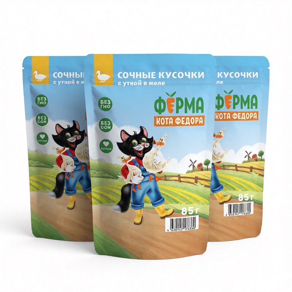 Влажный корм для кошек Ферма кота Фёдора, сочные кусочки в желе с уткой, 3 шт х 85 гр