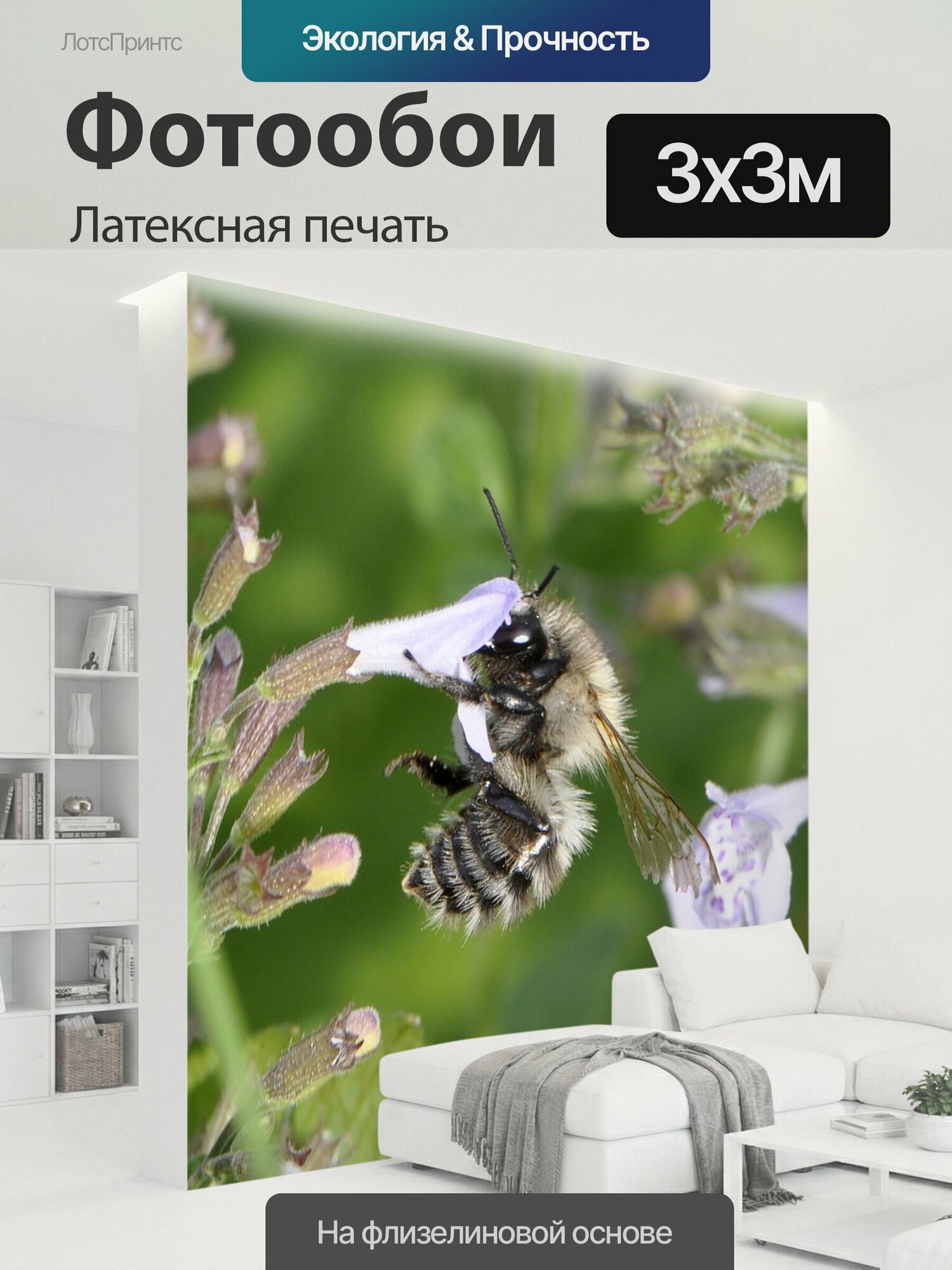 Фотообои моющиеся ударопрочные "Пчела, насекомое, цвести" 300x300 см. латексная печать