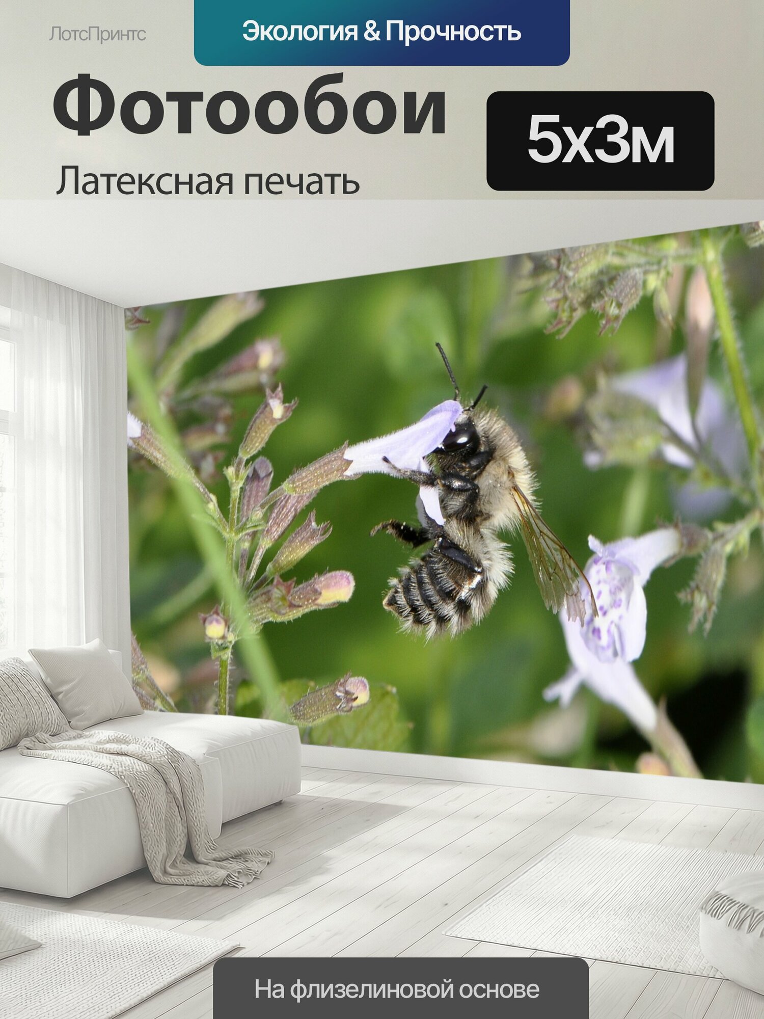 Фотообои моющиеся ударопрочные "Пчела, насекомое, цвести" 500x300 см. латексная печать