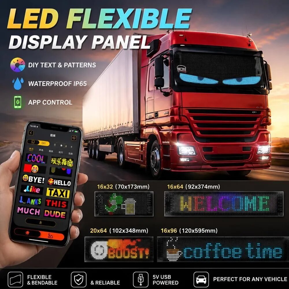RGB LED Гибкая Автомобильная Панель Дисплея 16x32 16x64 20x64 16x96 USB 5V IP65 Грузовики Фургоны Легковые Автомобили