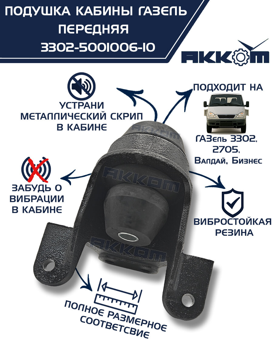 Подушка кабины ГАЗель 3302/ Подушка крепления кабины ГАЗель 3302, 2705, Валдай, Бизнес, передняя нового образца (акком)