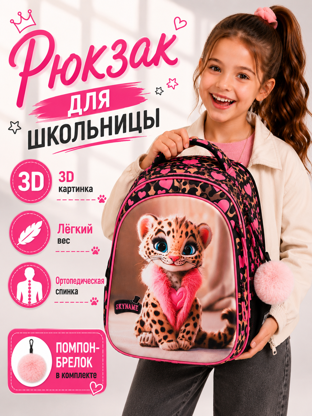 Рюкзак школьный для девочки 17л анатомическая спинка+ брелок SkyName (Скайнейм)