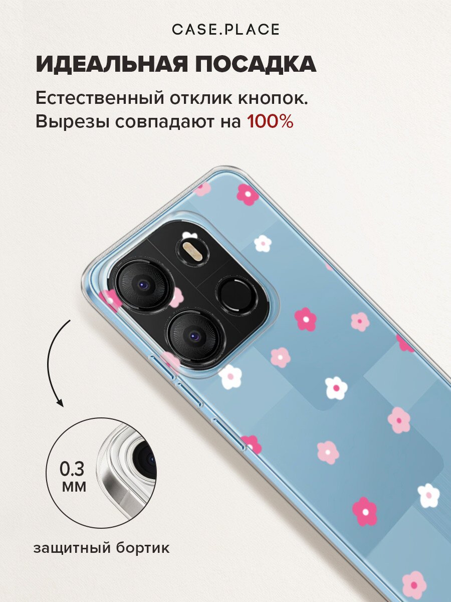 Чехол на Tecno Pop 7 / Текно Поп 7 с принтом "Весенние цветочки рисунок", прозрачный — фото 1