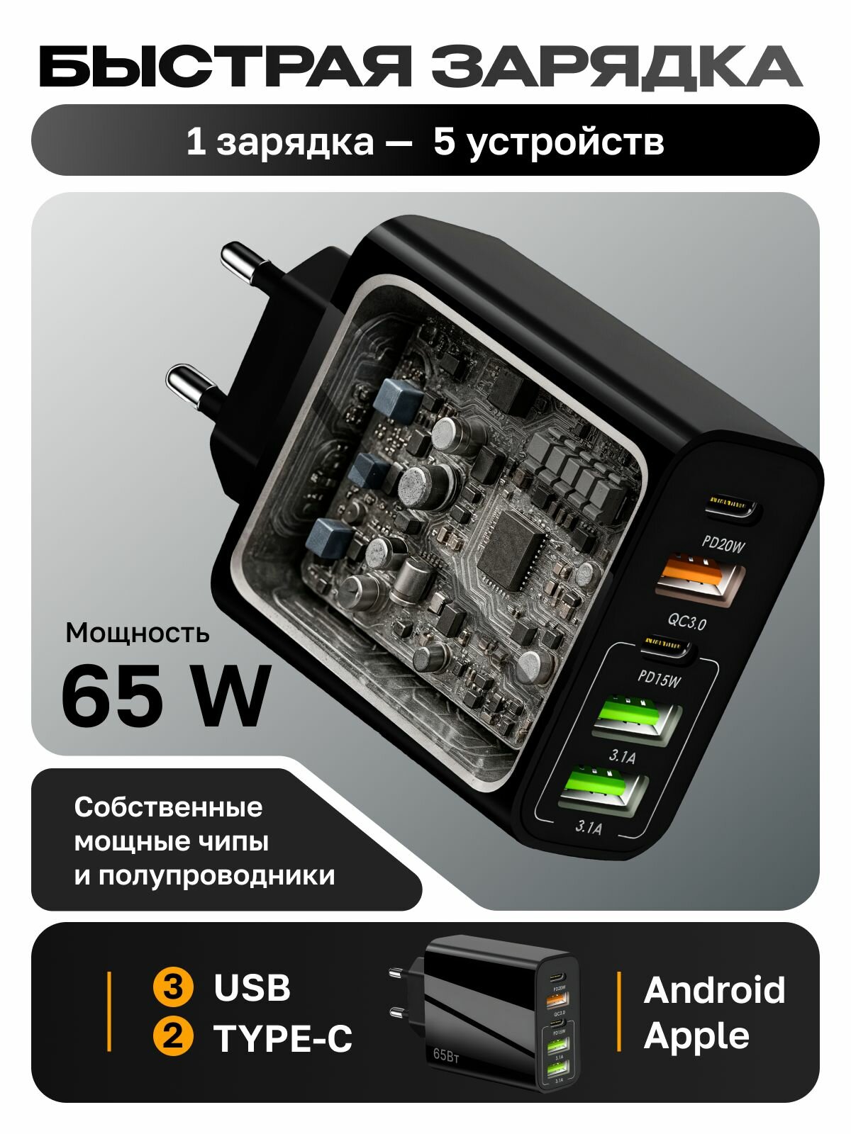 Быстрая зарядка Type C, USB для телефона, зарядное устройство 65W, блок питания, адаптер питания