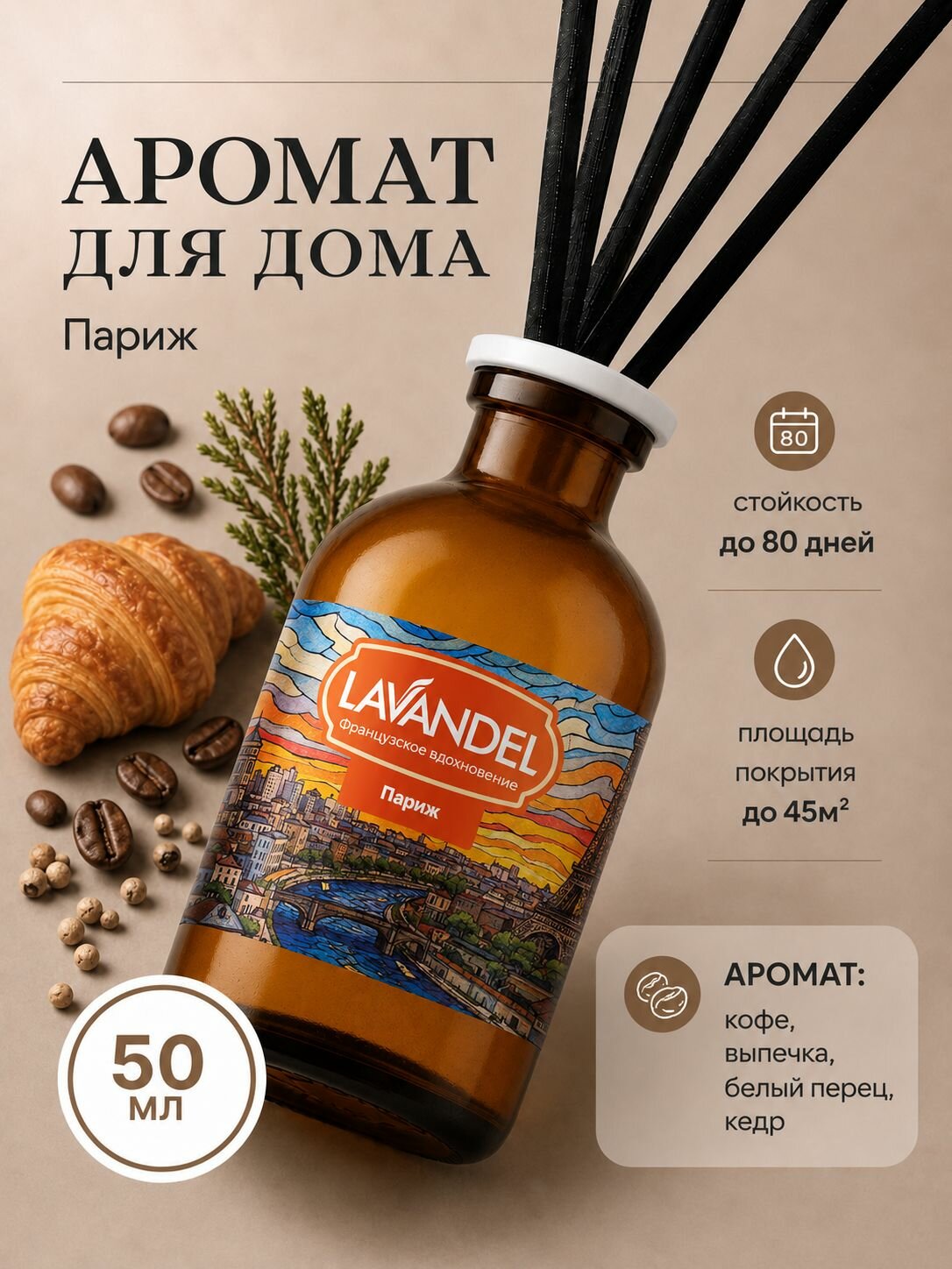 Диффузор для дома с палочками Lavandel "Париж", 50 мл