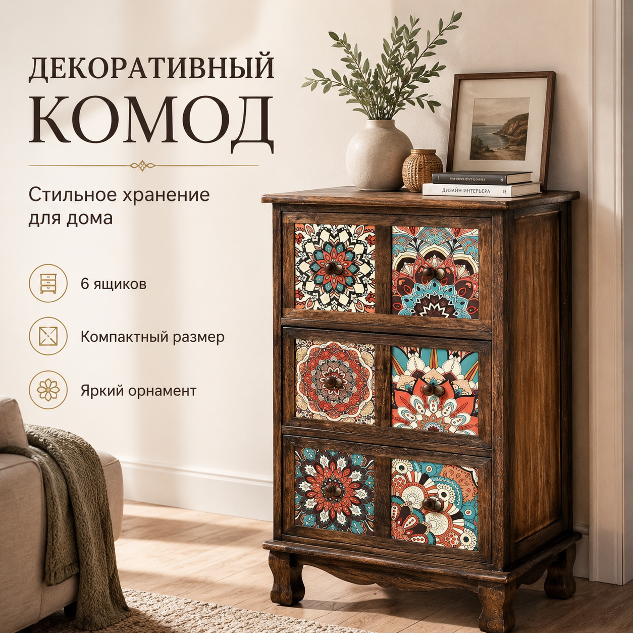 Комод "Расписной", с ящиками, ABS пластик/дерево, универсальный, для дома/дачи/общественных мест