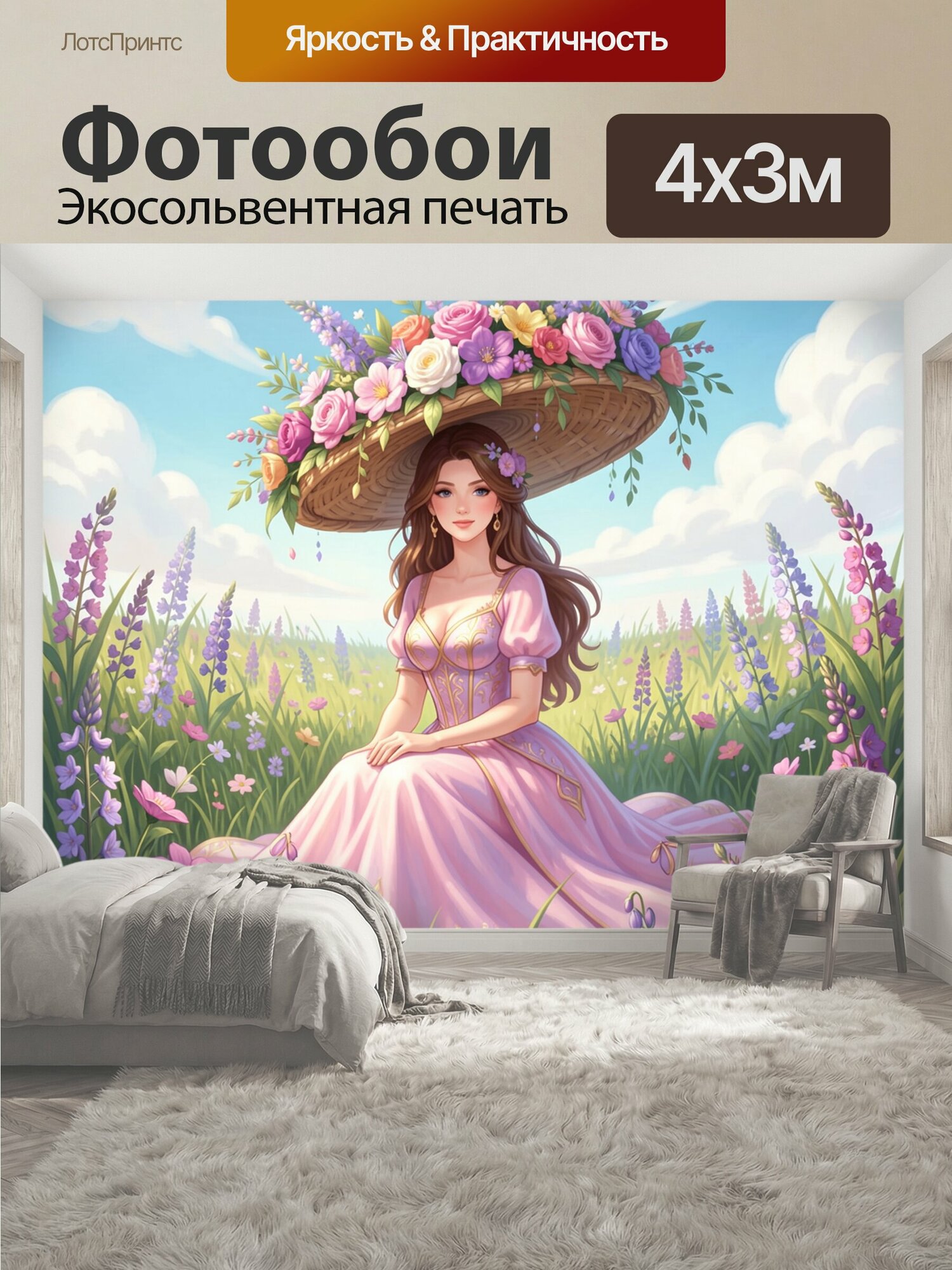 Фотообои "Девушка в цветочном поле. Нежная романтическая иллюстрация: юная красавица в розовом платье и огромной шляпе, украшенной бутонами." 400x300 см. экосольвентная печать