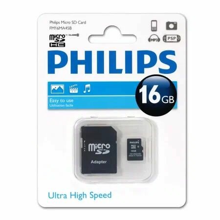 Карта памяти 16GB PHILIPS microSDHC Class 10 (SD адаптер) (FM16MA45B/97)