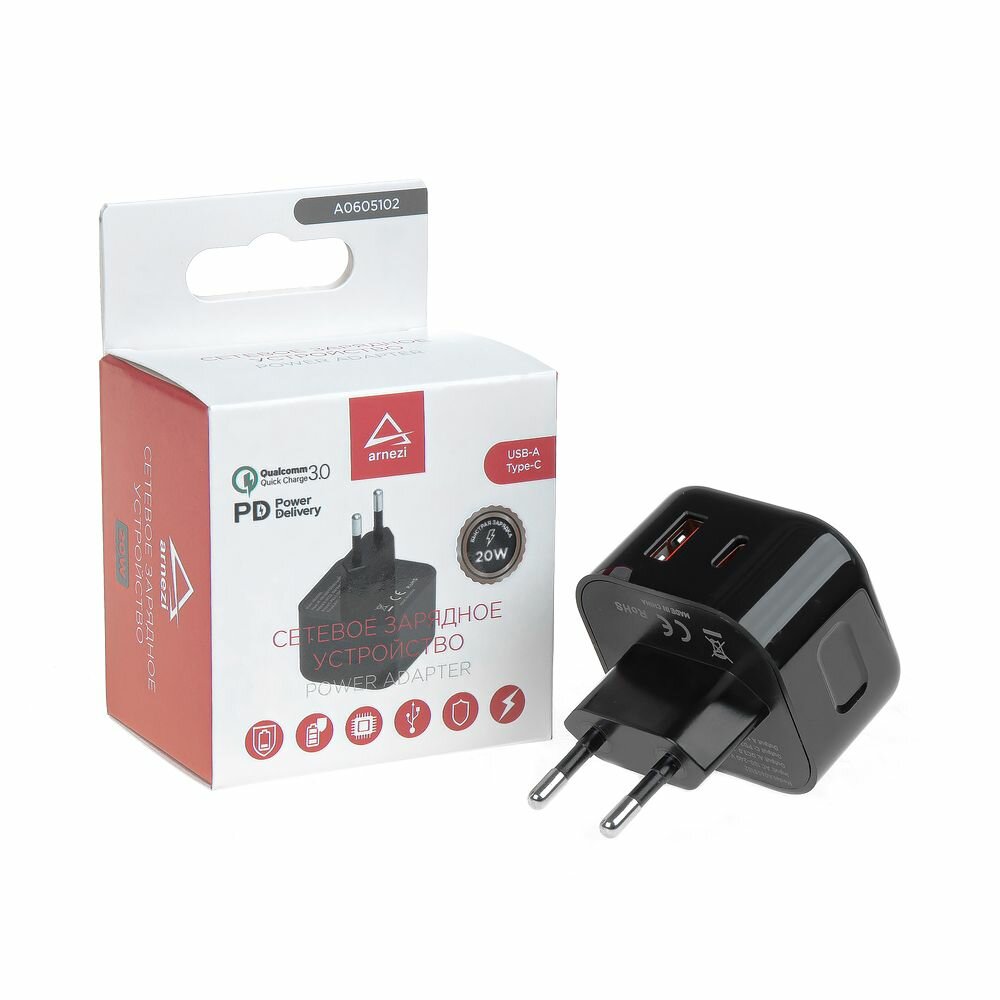 ARNEZI Сетевое зарядное устройство 20W USB-A (QC3.0), Type-C (PD3.0) A0605102