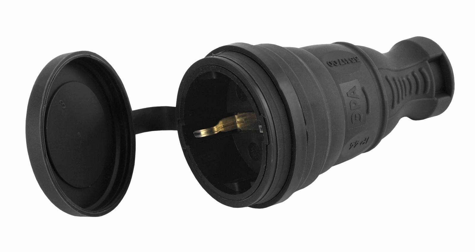 Разъём каучуковый c заземлением, прямой 16a ip44 черный r8-b-ip44