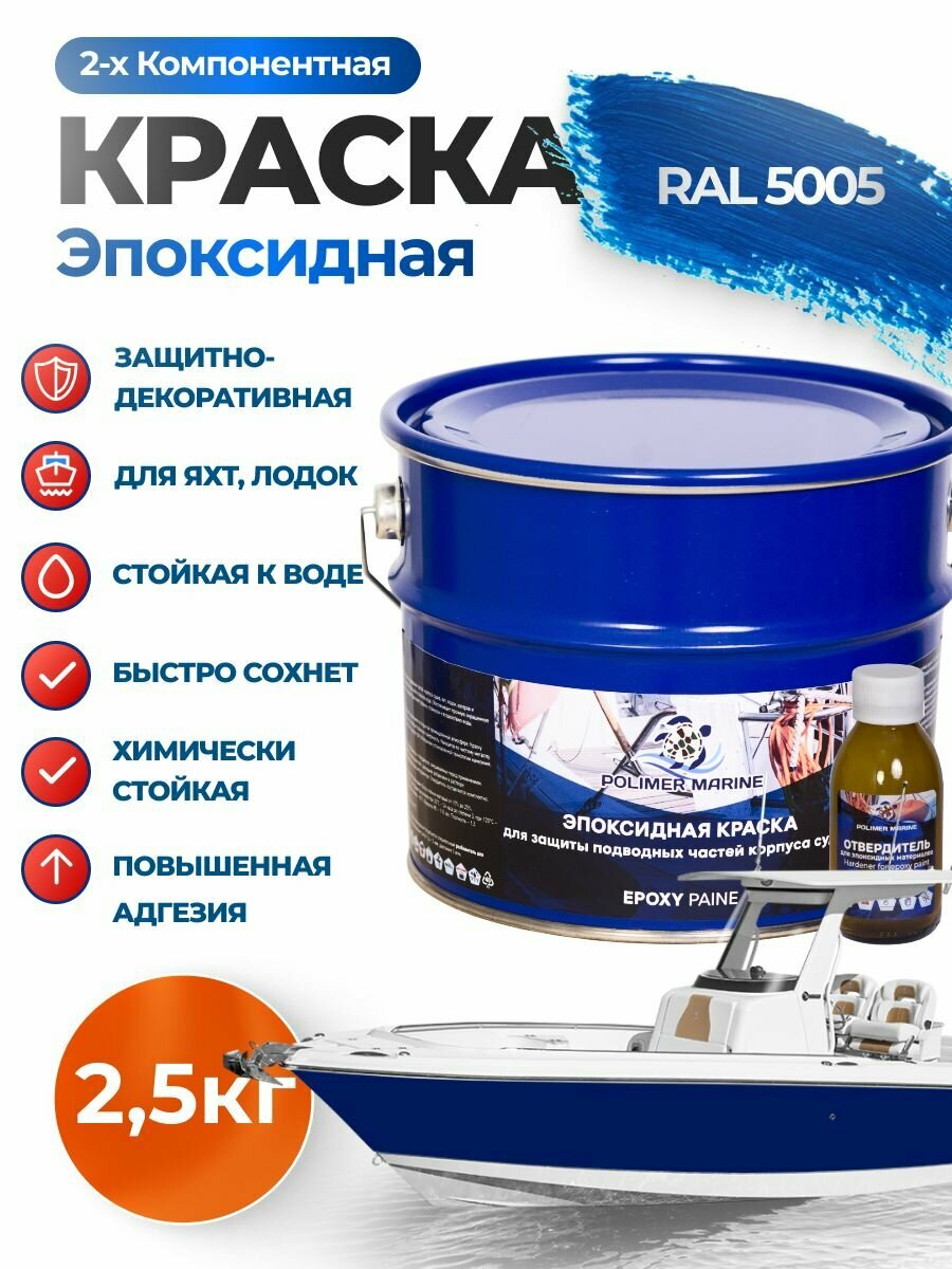 Эпоксидная краска синяя PolymarMarine по металлу, лодки, дереву, бетону, алюминию, пластику, двухкомпонентный 2.5 кг