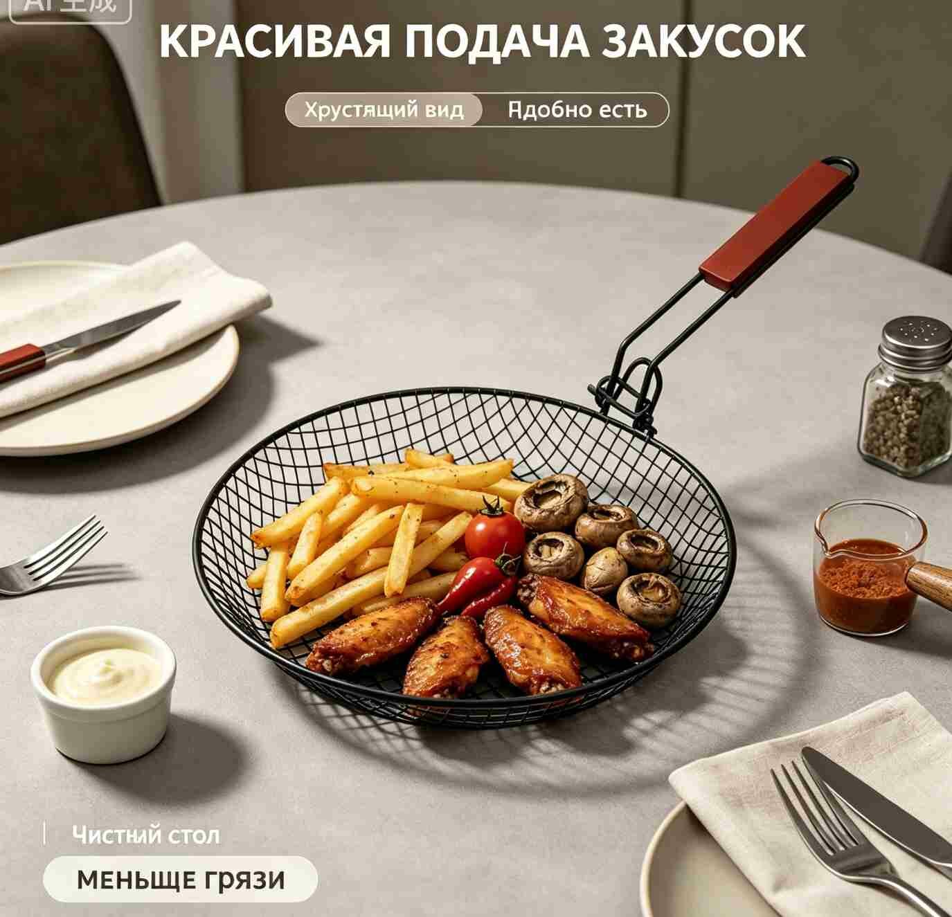 Универсальная решетка для овощей с надежной фиксацией и деревянной ручкой