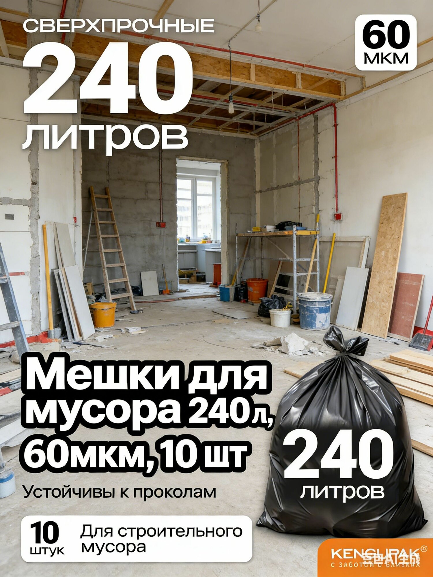 Мешки для мусора 240 л, 60мкм, 10 шт