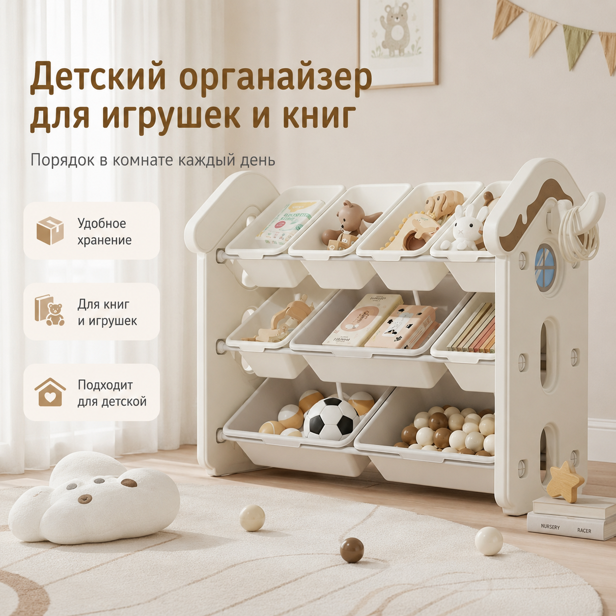 Детские Стеллаж для игрушек длина 97 см, ширина 41 см, высота69 см, бежев