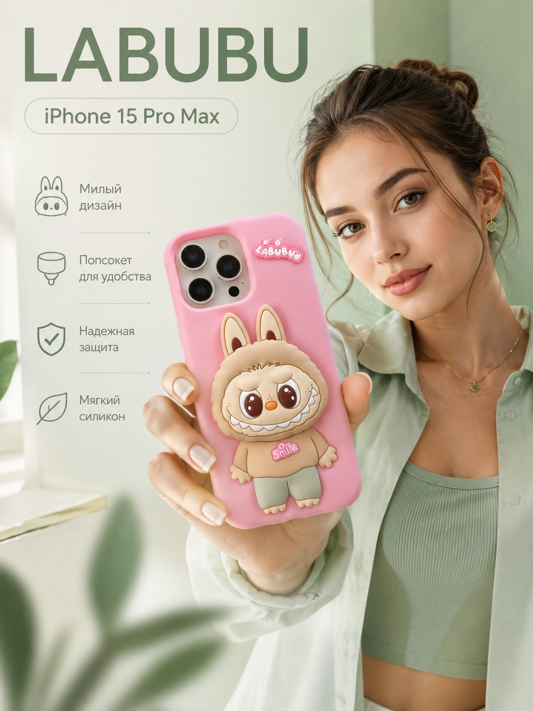 Силиконовый чехол Labubu для iPhone 15 Pro Max защитный, (Popsocket), розовый